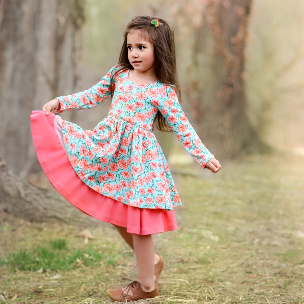 Aqua Floral Dixie Dress In Organic Cotton Twinflower Creations
